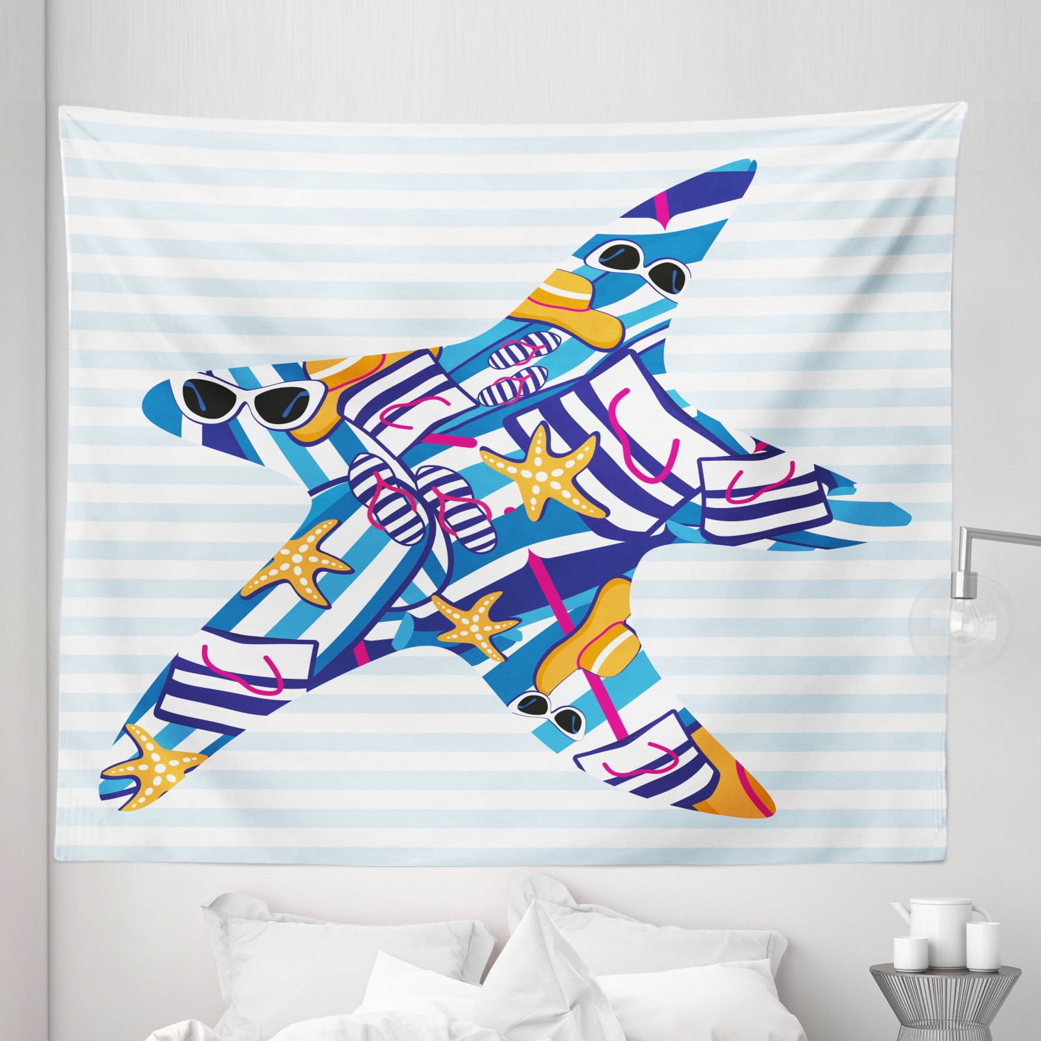 Starfish Tapestry, Cartoon Styled Starfish with Summer Season Vacation ...