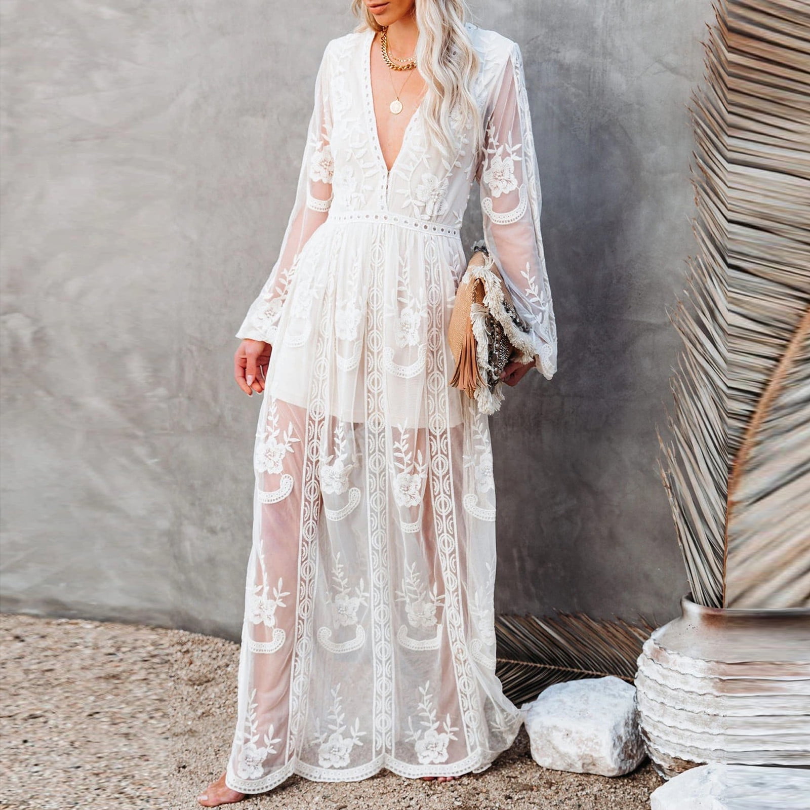 Women's Deep V Dresse, Women Lace Crochet Long Sleeve Long Dress See ...