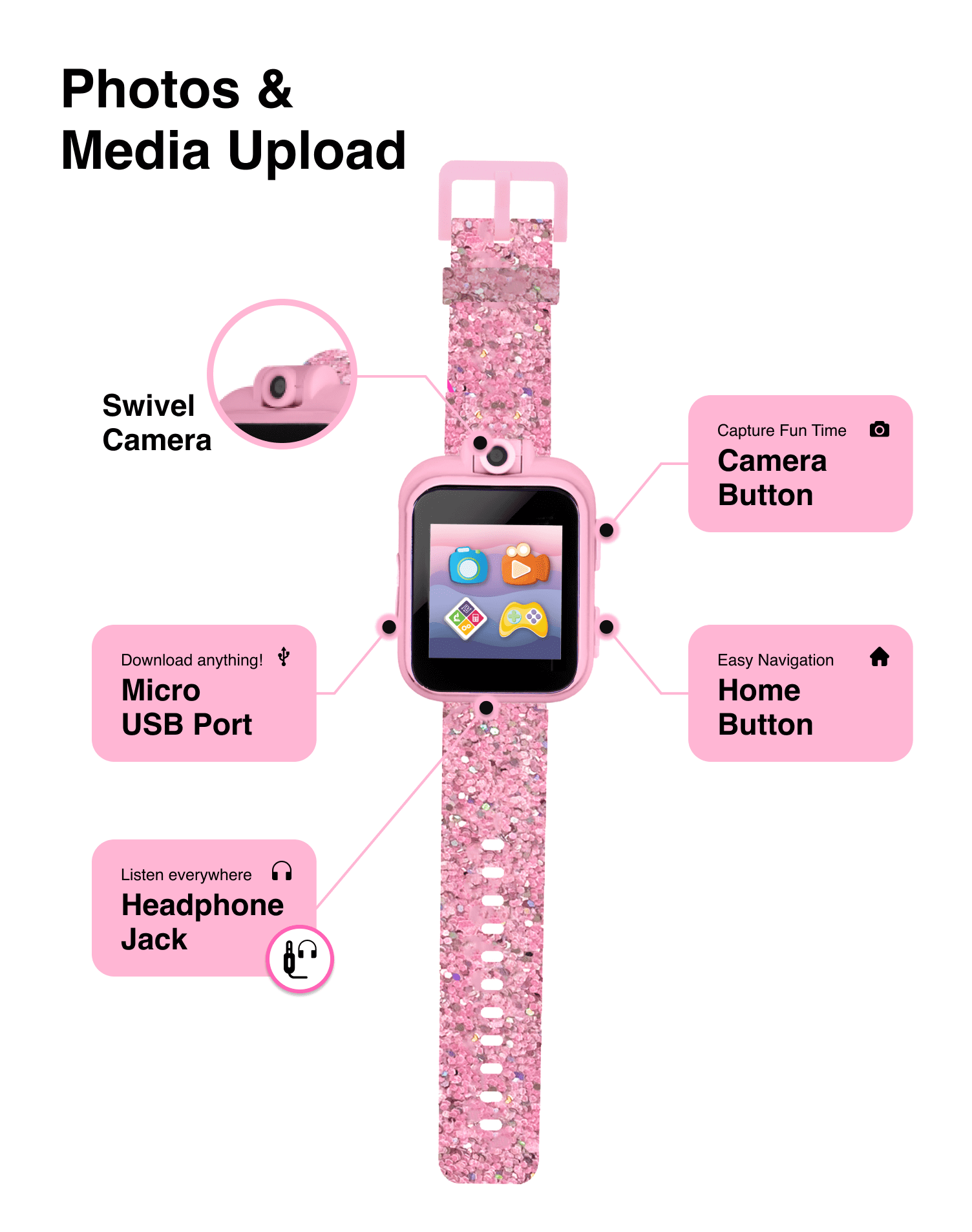 Buy iTech Junior Girls Pink Glitter Headphone & Smart Watch Bundle ...