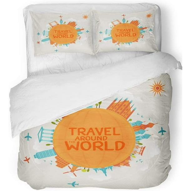 3 Piece Bedding Set Globe Of Travel Famous Monuments Around World With ...