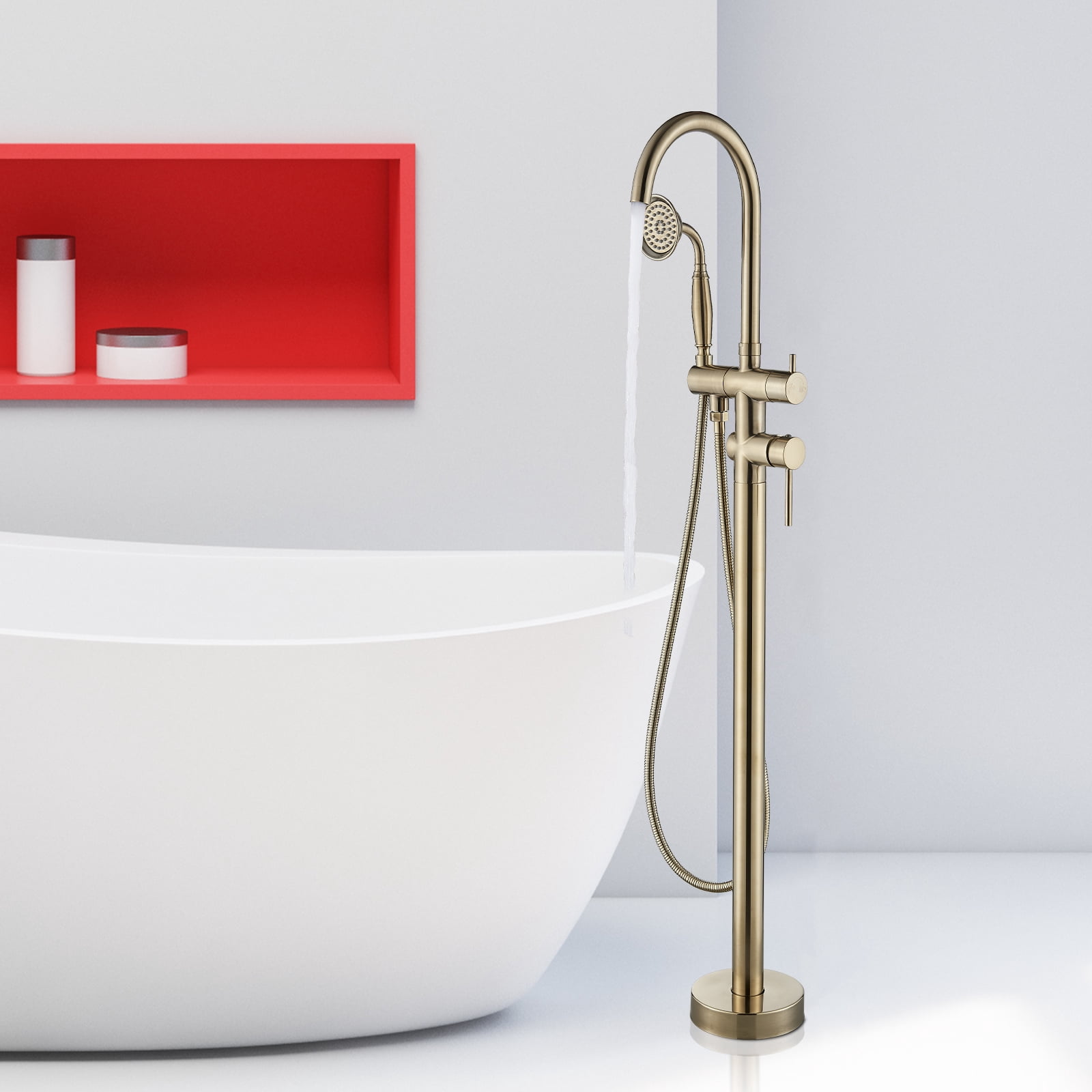 CES Freestanding Bathtub Faucet Floor Mounted Tub Filler Brushed Gold CES Freestanding Bathtub Faucet Floor Mounted Tub Filler Brushed Gold
