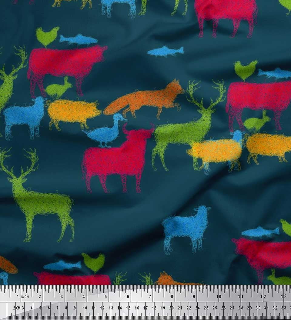 Soimoi Crepe Silk Fabric Birds & Animals Hand Drawn Print Fabric by the ...