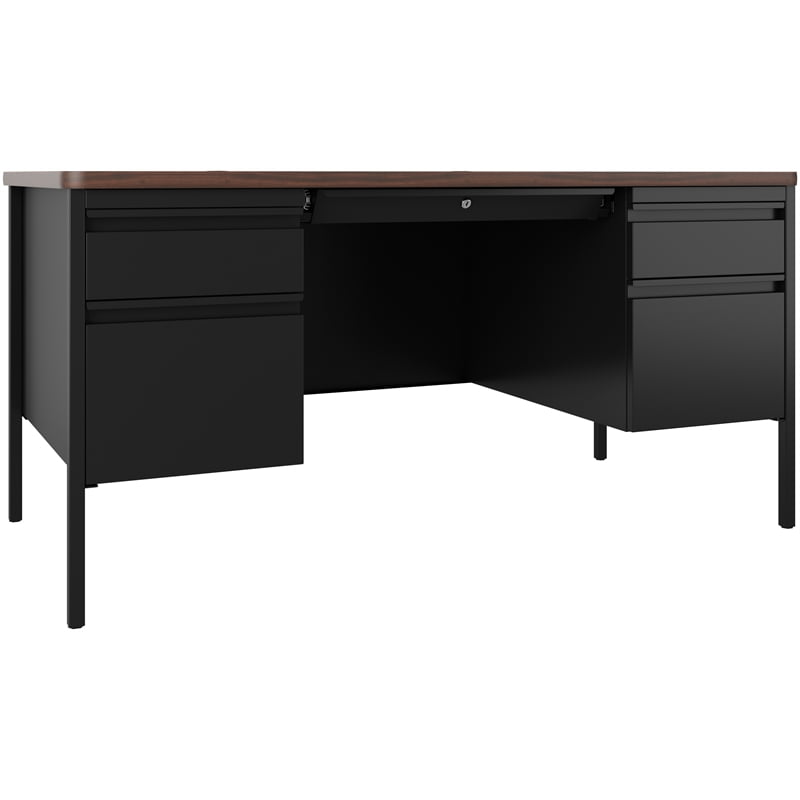 Hirsh 30x60 Double Pedestal Metal Desk with T-Mold Top Black/Walnut ...