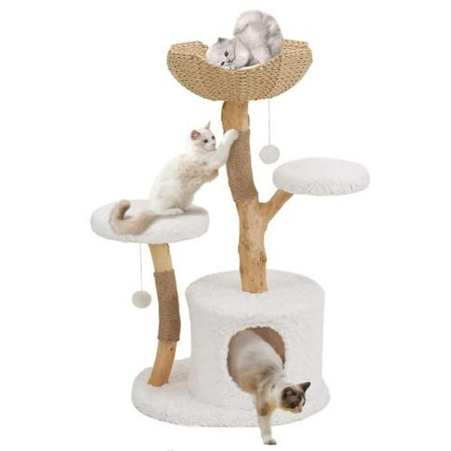 Ourlova 43" Modern Wood Cat Tree, White Aesthetic Cat Tower w/ Large ...