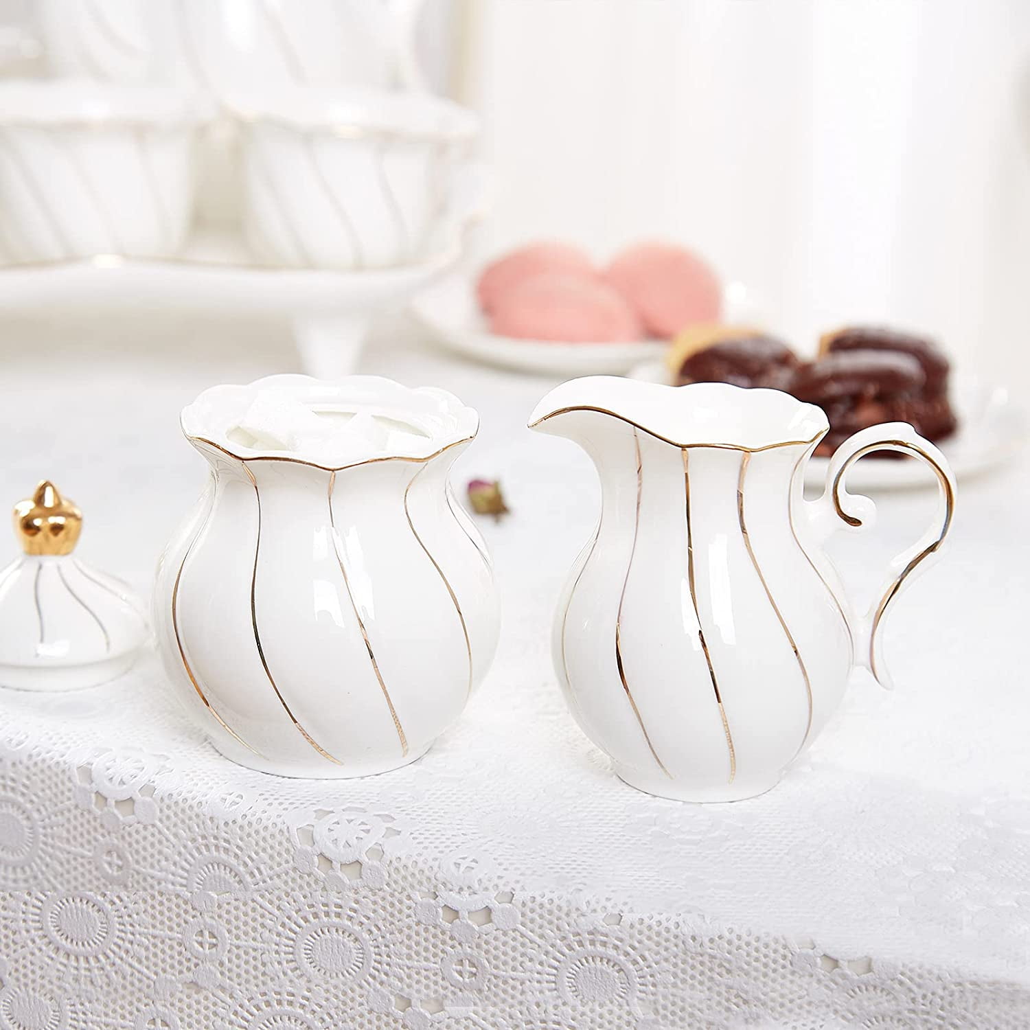 DUJUST White and Gold creamer and sugar set, 1 Sugar Bowl with Lid (12 ...