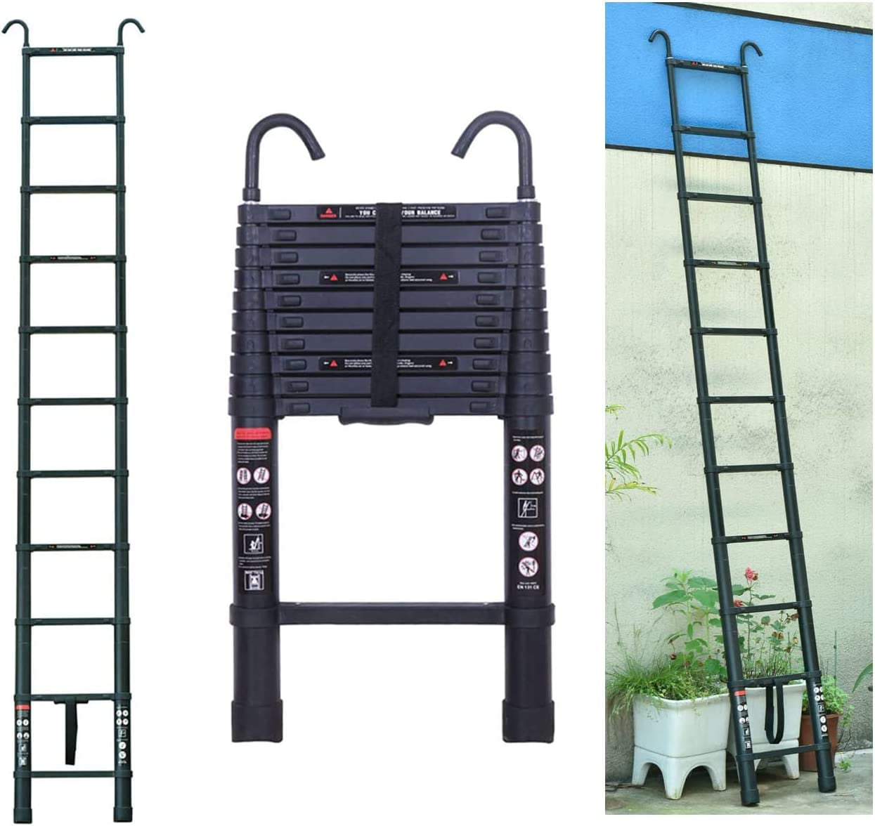 Dayplus 10.5ft Telescoping Ladder Black Aluminum Heavy Duty Extension ...
