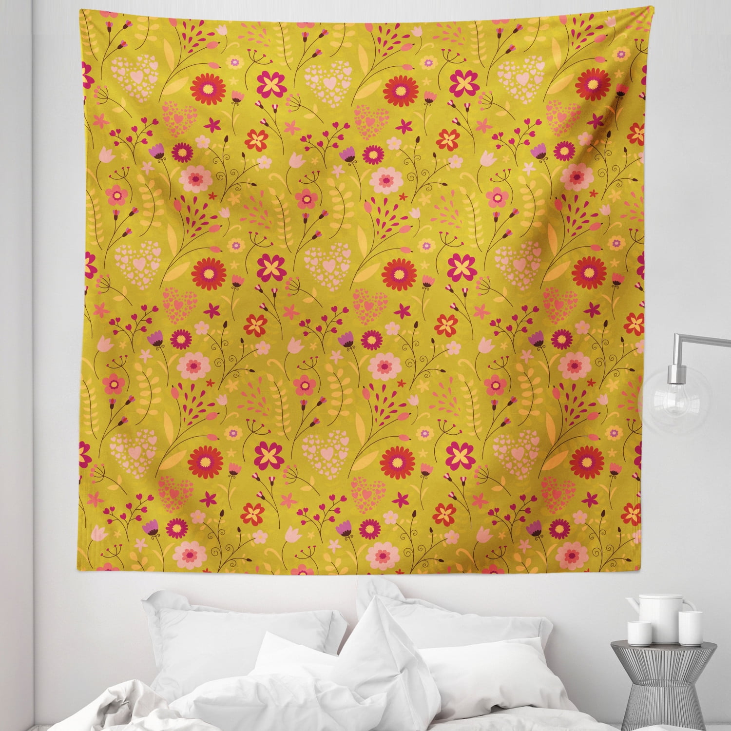 Flower Tapestry, Flowers Pattern with Heart Shapes and Blossoming ...