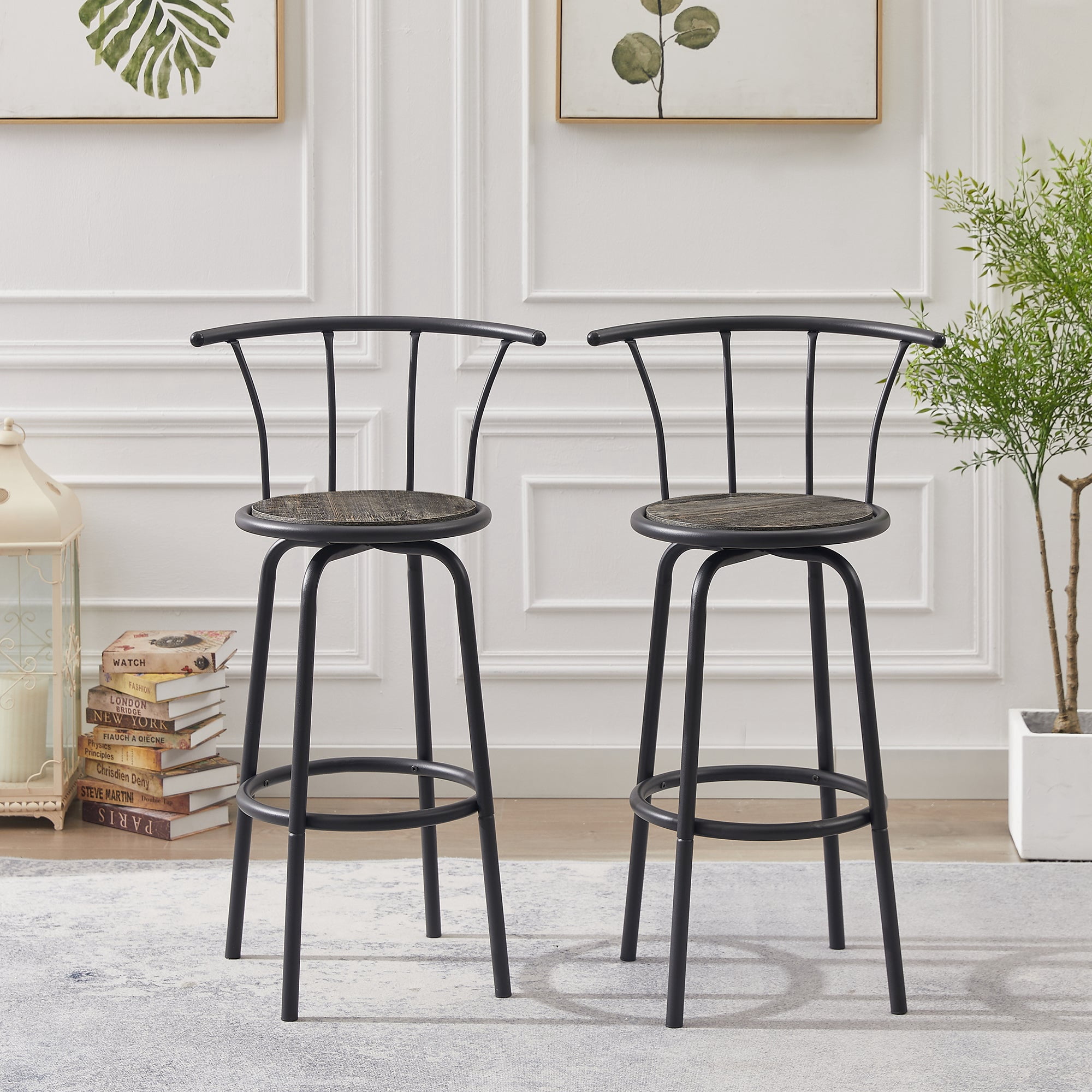 VECELO Set of 2 Bar Stools, Swivel Round Wood Metal Counter Height Bar ...