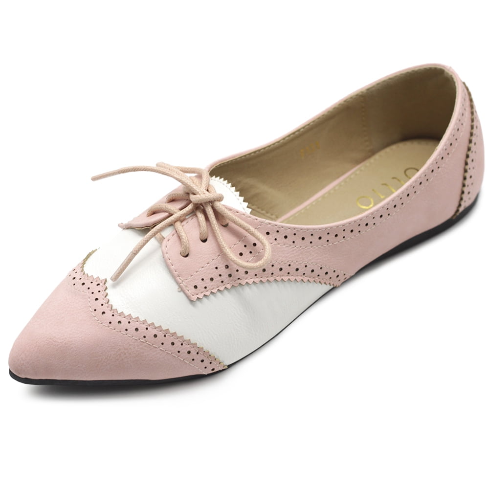 Ollio Women's Shoes Flat Wingtip Lace Up Pointed Toe Two Tone Oxford ...