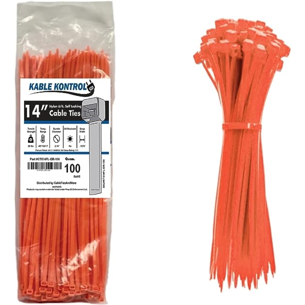 Kable Kontrol Zip Ties - 14" Long - 100 Pc Pk - Fluorescent Orange color - Nylon - 50 Lbs ...