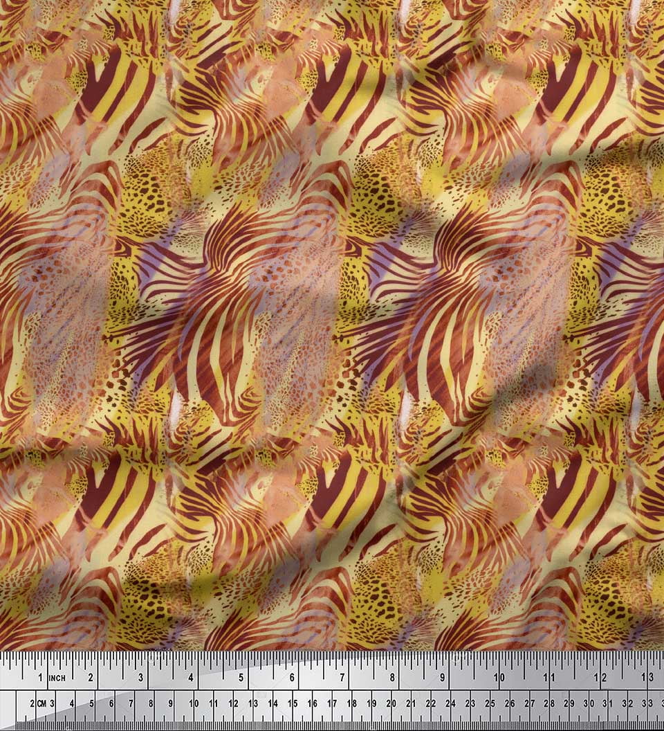 Soimoi Yellow Japan Crepe Satin Fabric Leopard & Wild Animal Skin Print ...