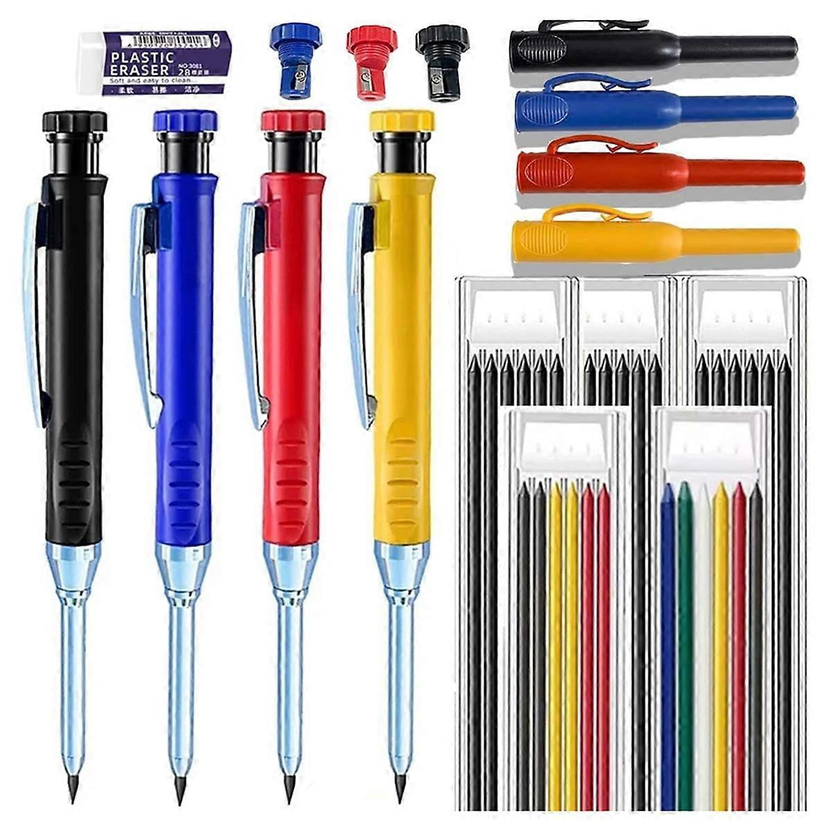 4 Carpenter Pencils, 34 Pen Cores, Deep Hole Marking Structure, with ...