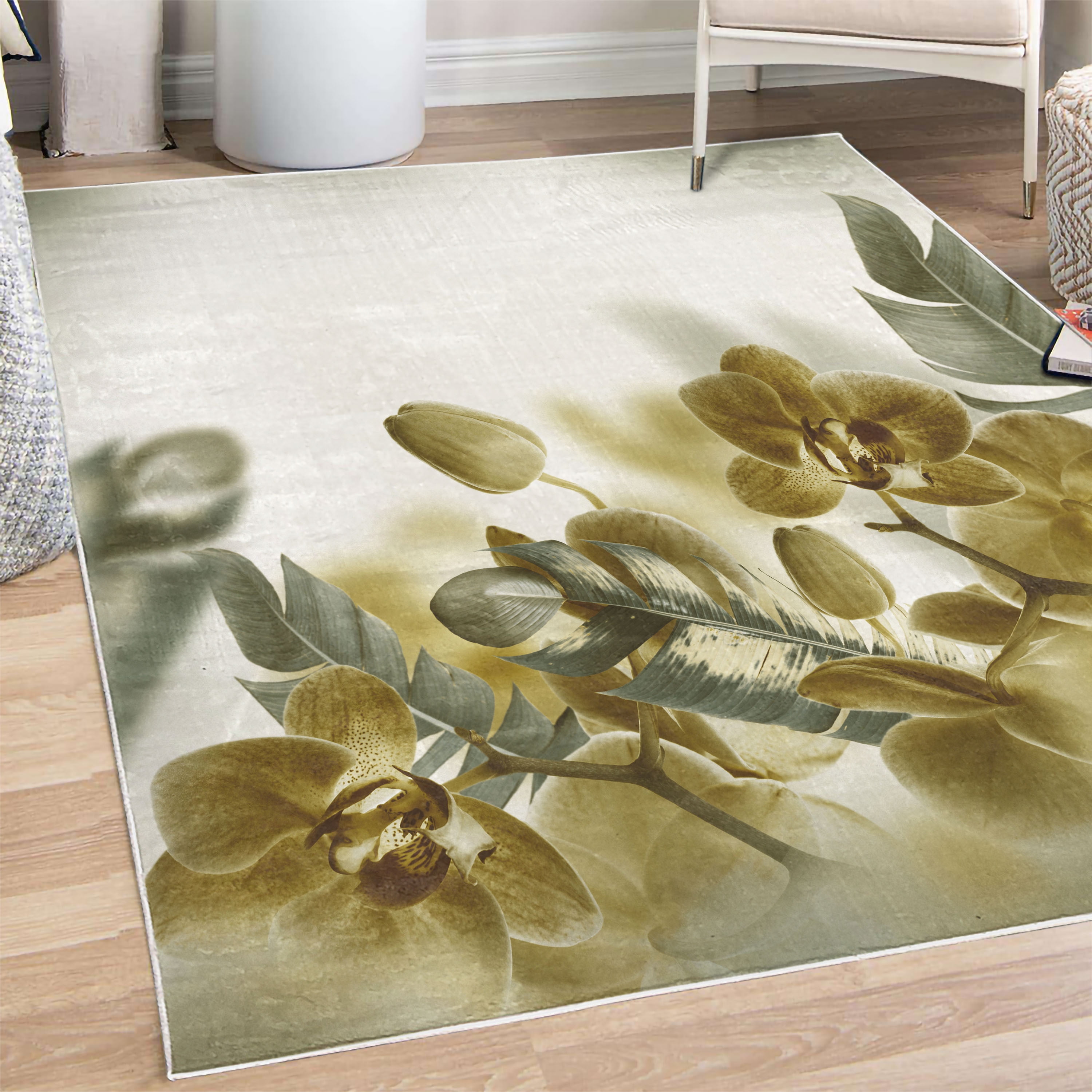 Tropical Decorative Rug, Exotic Orchids Blossom Leaves on Blurred ...