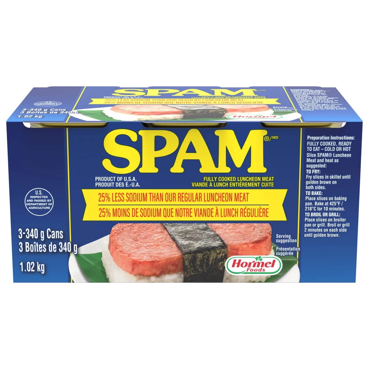 Hormel Foods SPAM 25% Less Sodium Luncheon Meat, 3 × 340 g - Walmart.ca