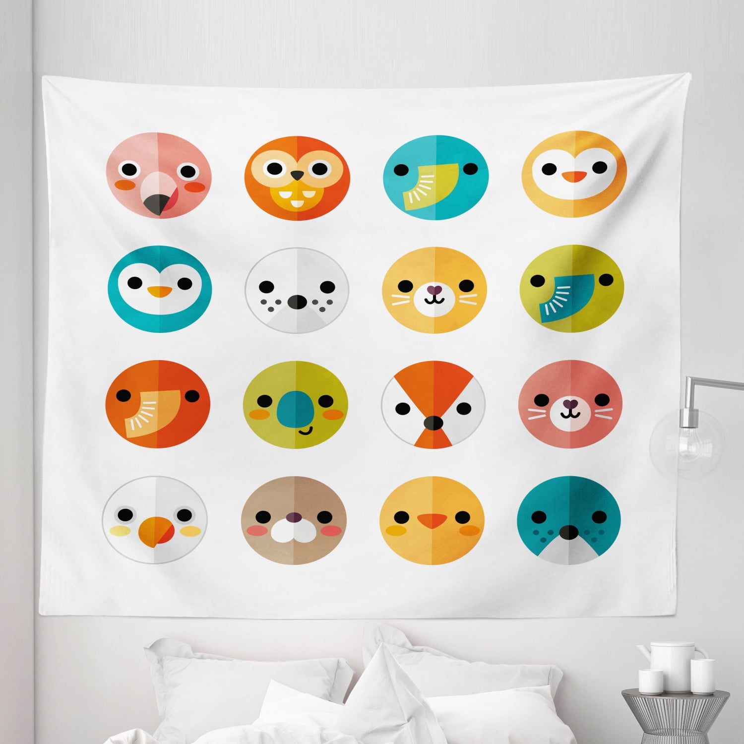 Cartoon Tapestry, Various Animals in Logo Style Minimalist Art Design ...