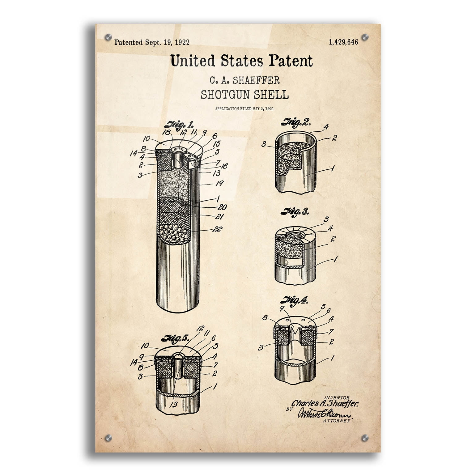 Epic Art 'Shotgun Shell Blueprint Patent Parchment,' Acrylic Glass Wall ...