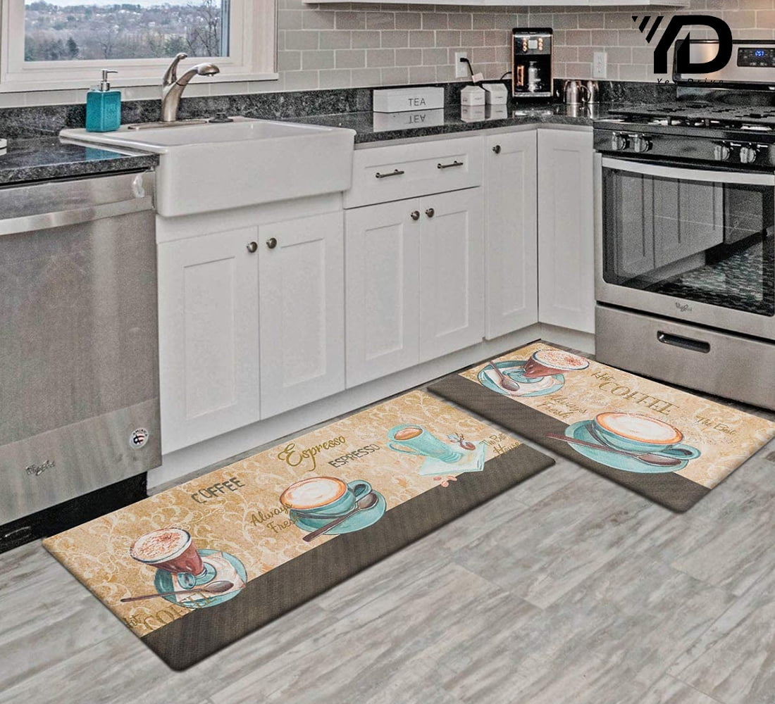 Coffee Theme Kitchen Rug Set 2 Pieces, Cushioned Anti-Fatigue Kitchen ...
