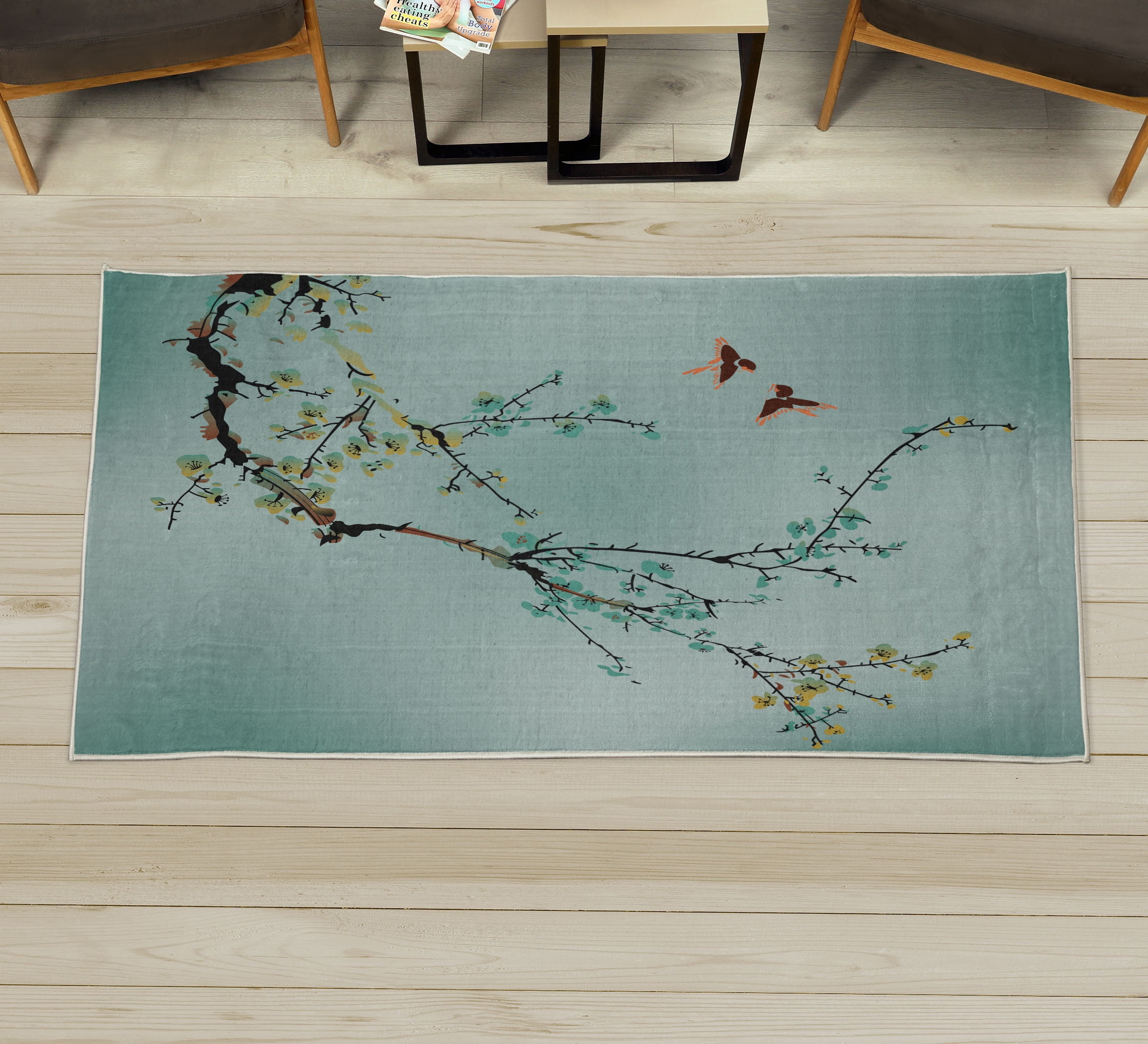 Nature Decorative Rug, Flowers Buds and Birds with Cherry Branches ...