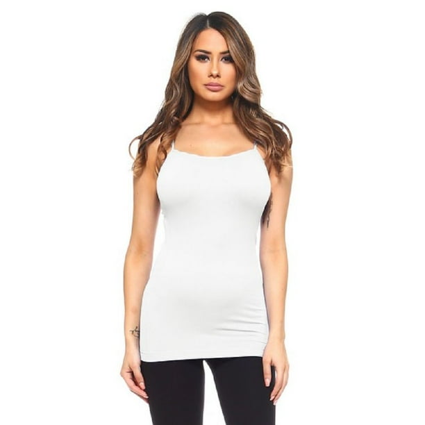Yelete Women Long Camisole Spaghetti Strap Seamless Tank Top White