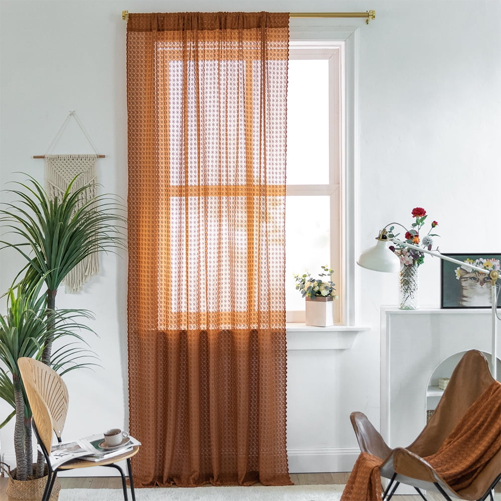 Yipa Curtains Panel Light Filtering Windows Drapes Rod Pocket Long Window Curtain Treatments Solid Home Decor Crochet Linen Textured Orange W: 59 X H