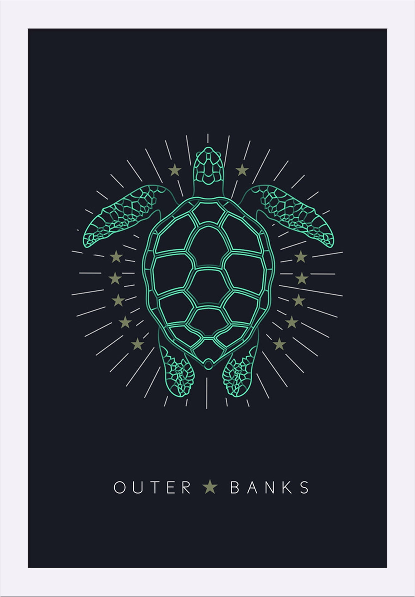 Outer Banks, North Carolina - Neon Turtle - Navy Background - Lantern ...