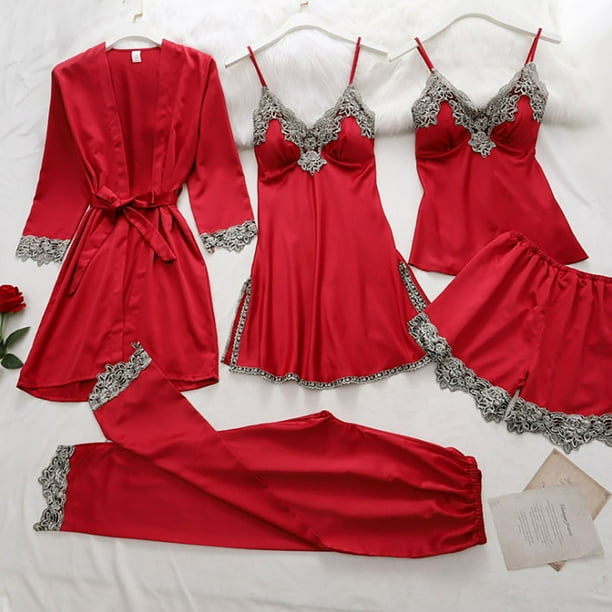 Women‘s Satin Pajama Set 5pcs Sexy Sleepwear Silky Pajama Set Lace Cami