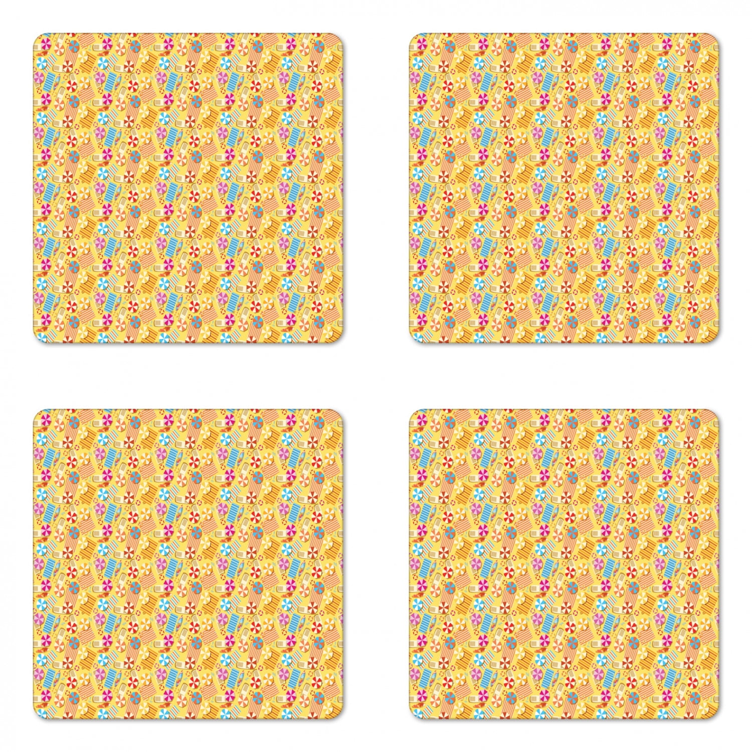 Summer Coaster Set of 4, Beach Theme Chaise Lounge Umbrella Surfboard ...