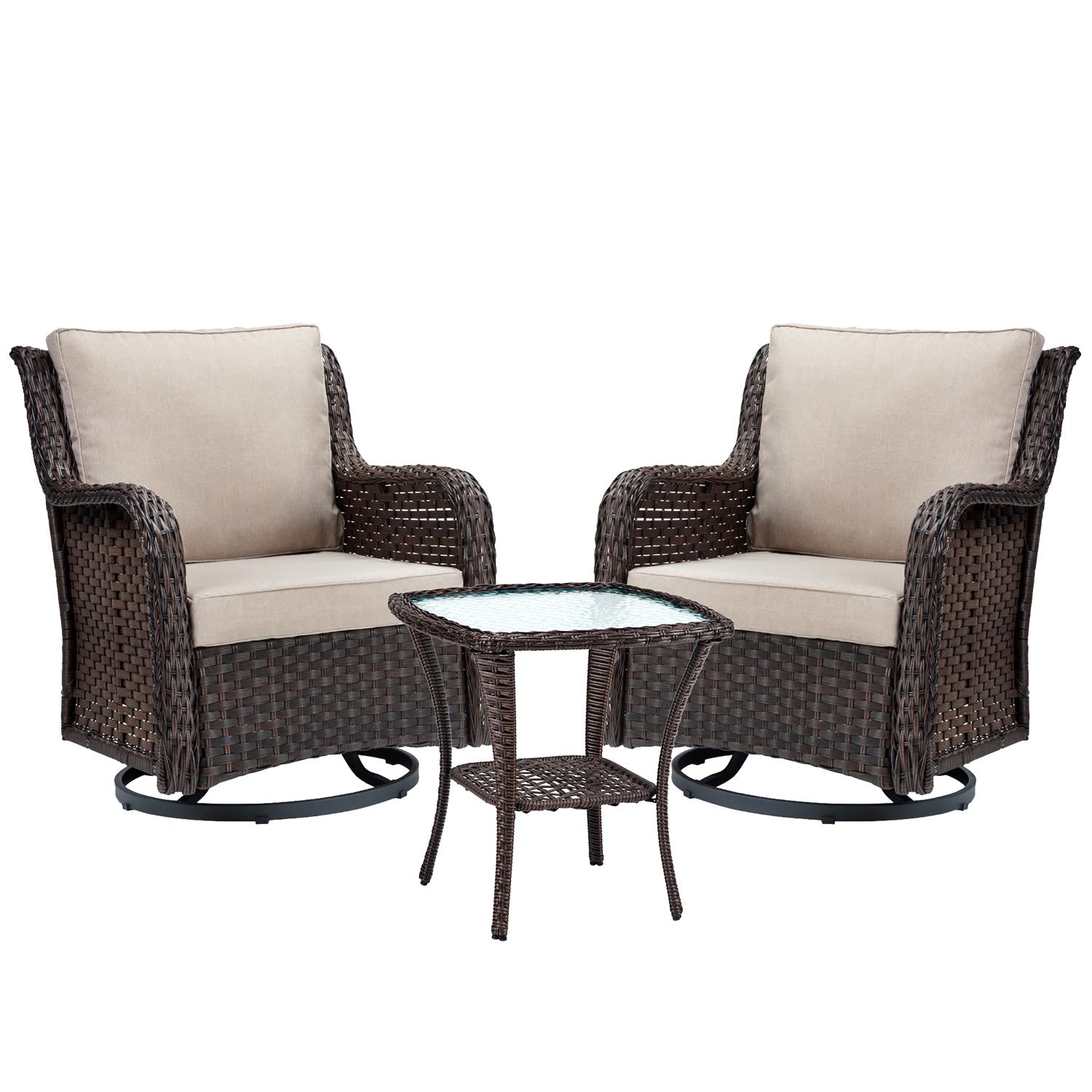 3-Piece Outdoor Black Rattan Outdoor Bistro Set with Beige Cushions and ...