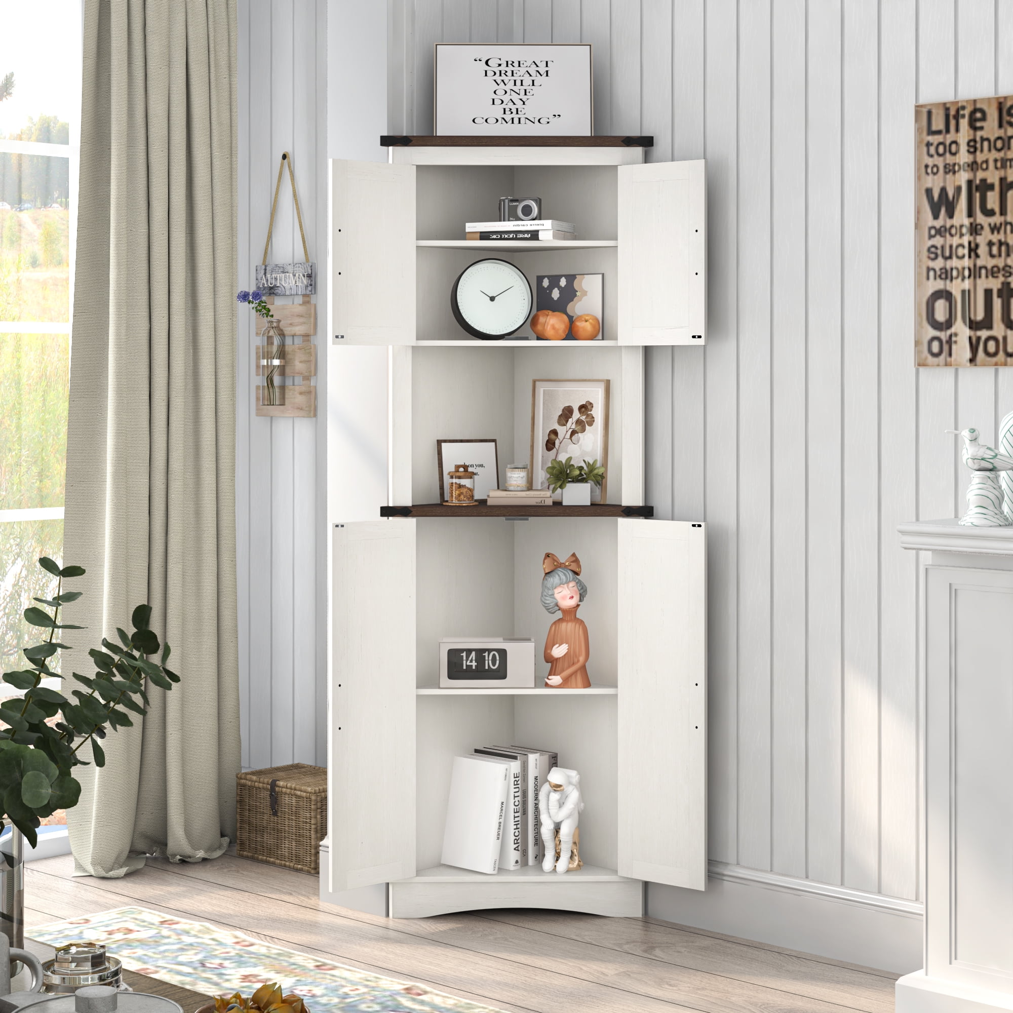 ChVans Farmhouse 68 Tall Corner Cabinet w 4 Barn Doors 5 Tier Bookcase Storage Cabinet with Adjustable Shelves Corner Storage Cabinet for