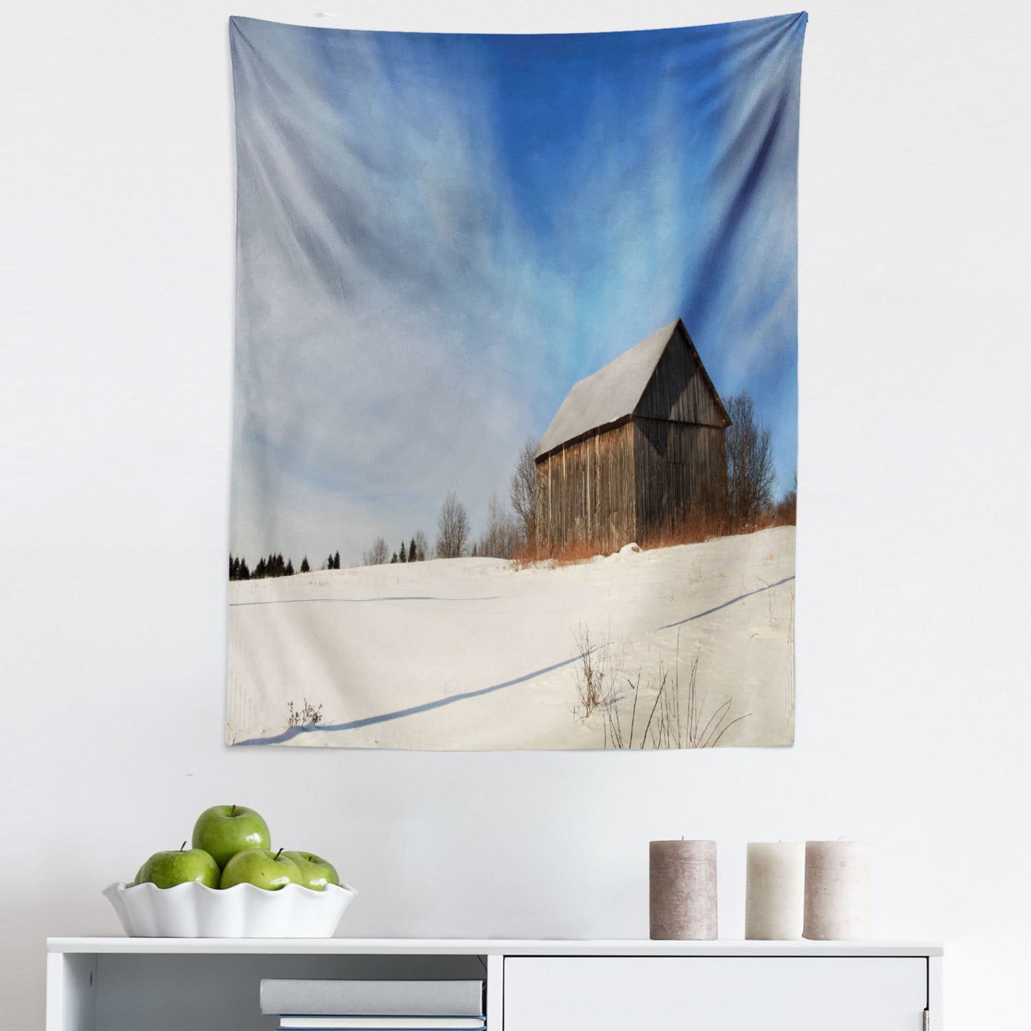 Nature Scene Tapestry, Rural Themed Photo of Abandoned Barn at Snowy ...
