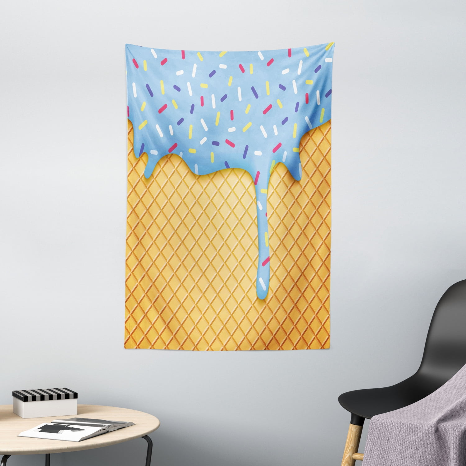 Ice Cream Decor Tapestry, Waffle Background with Sky Blue Flavor Yummy ...