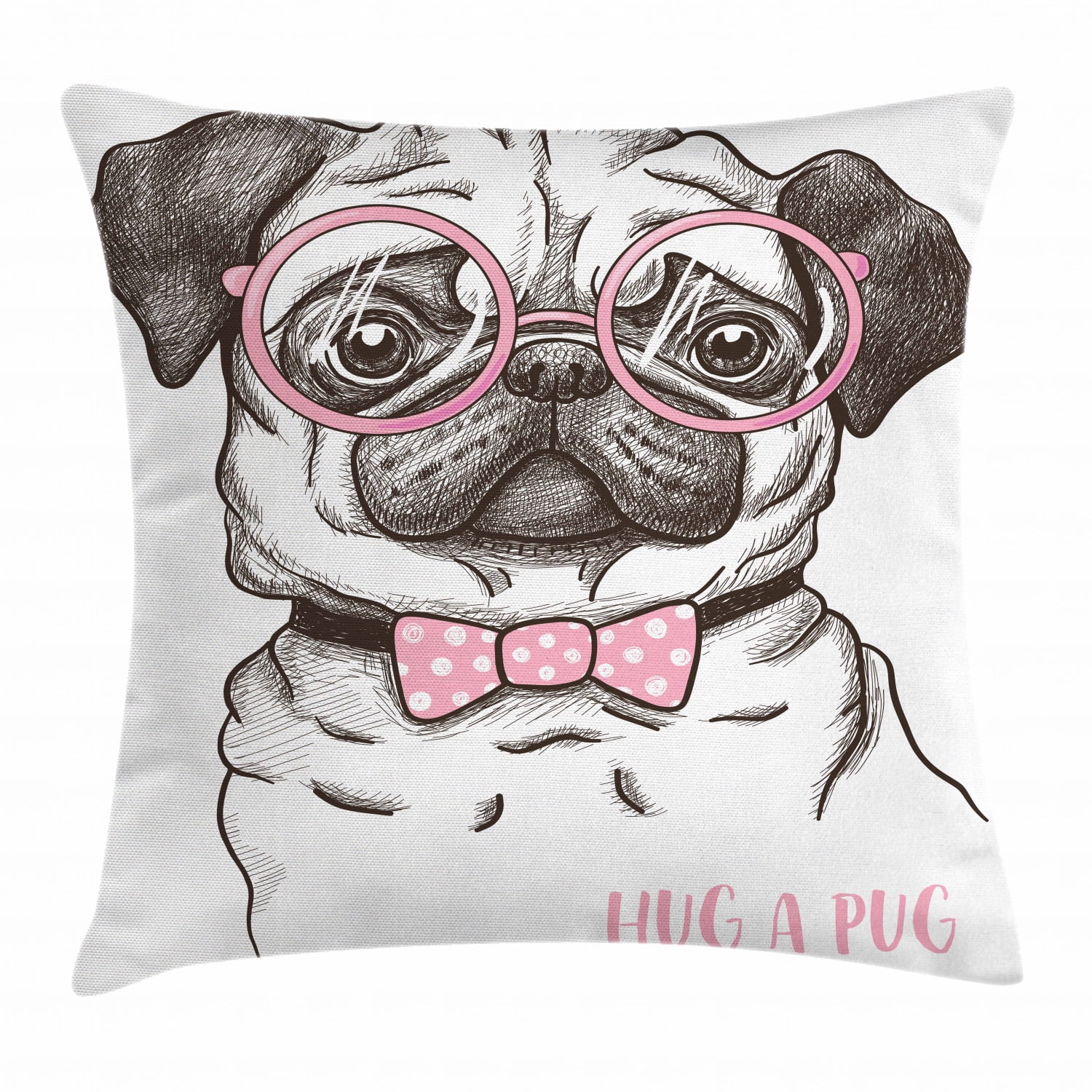 Pug Throw Pillow Cushion Cover, Cute Pug with Pink Bow Tie and ...