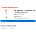 Oil Level Sender - Compatible with 1996 - 2003 Chevy Corvette 1997 1998 ...