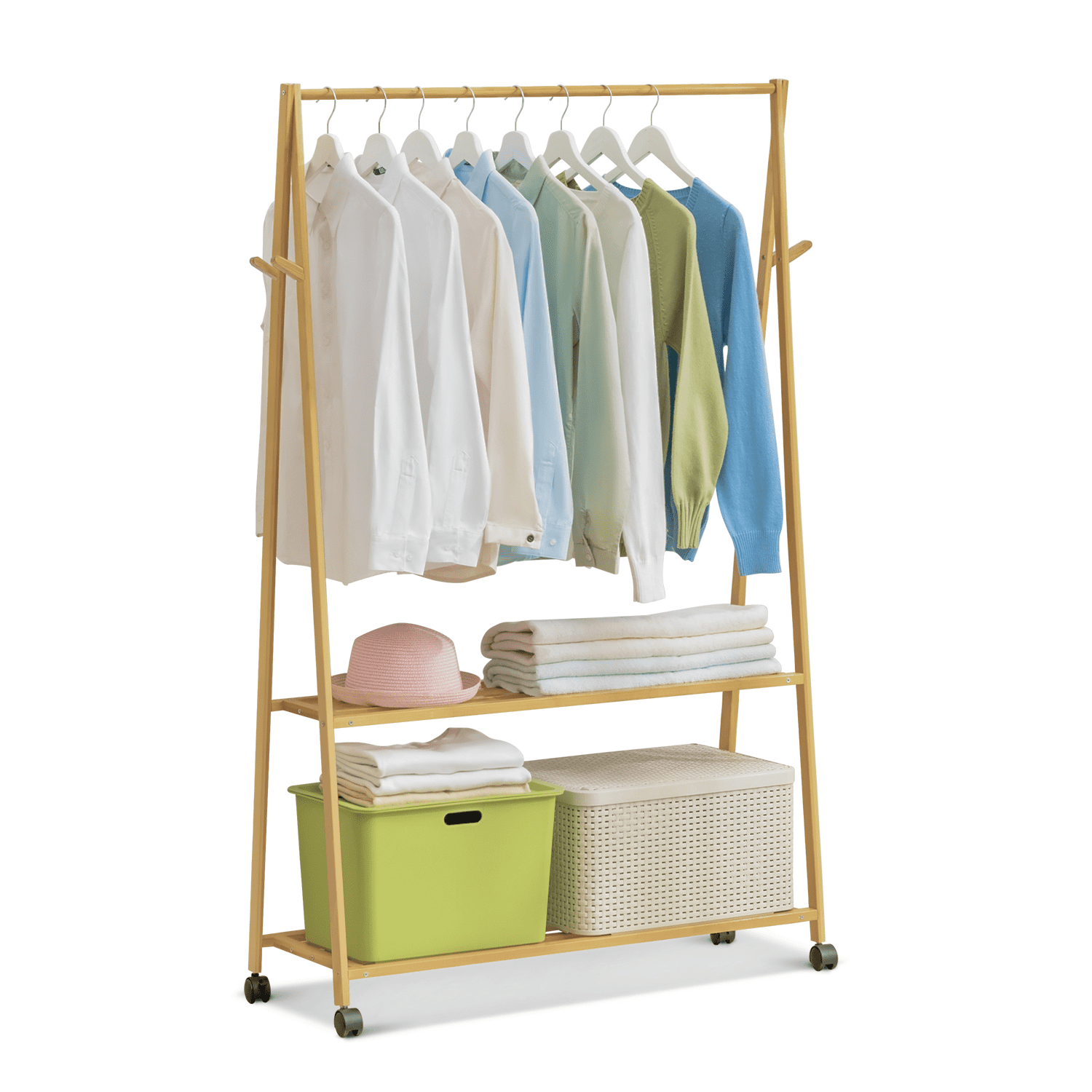MoNiBloom Bamboo Sliding Coat Rack, Wheeled Caster Clothes Storage ...