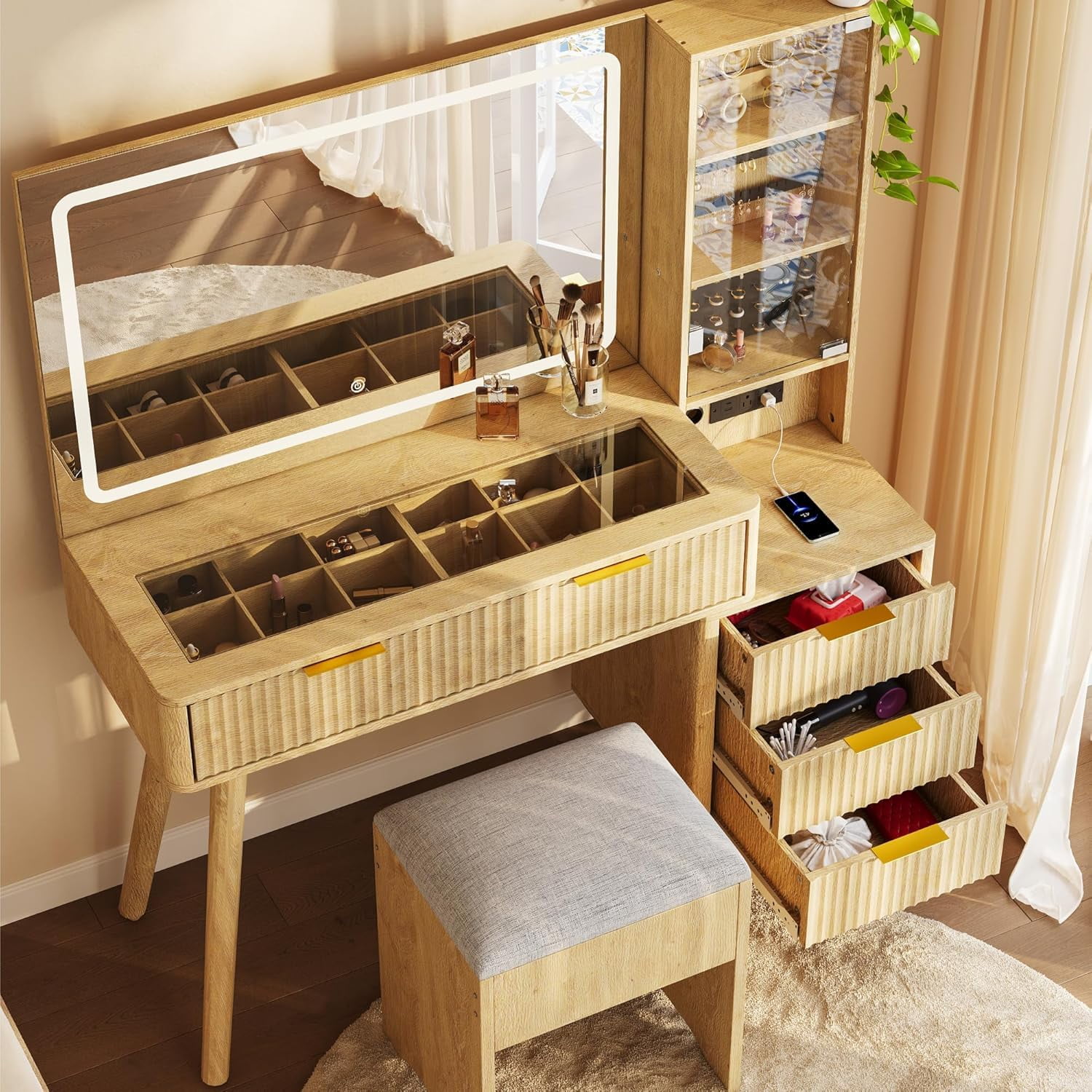 Click here for Akdsteel 48 Elegant Fluted Vanity Desk With Lighte... prices