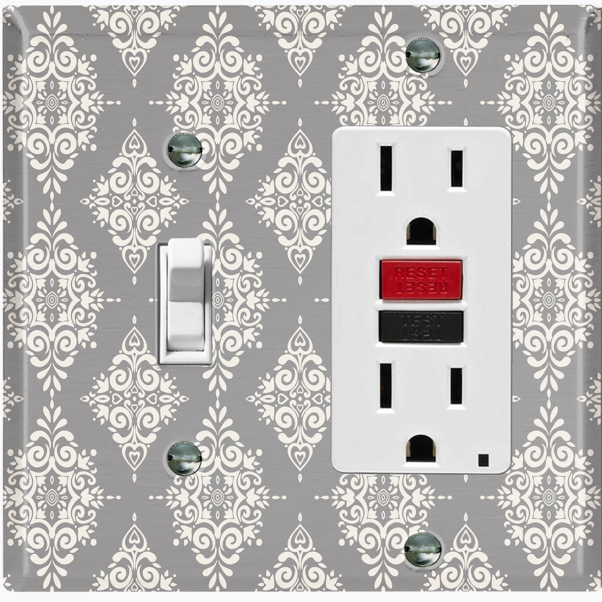 Metal Light Switch Plate Outlet Cover (Damask Ornament Symbo Gray ...