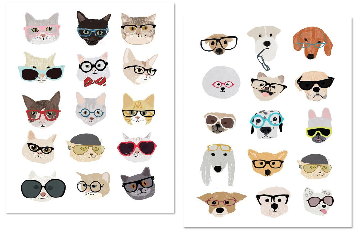 Contemporary White and Brown Glasses Wearing Hipster Dogs and Cats ...