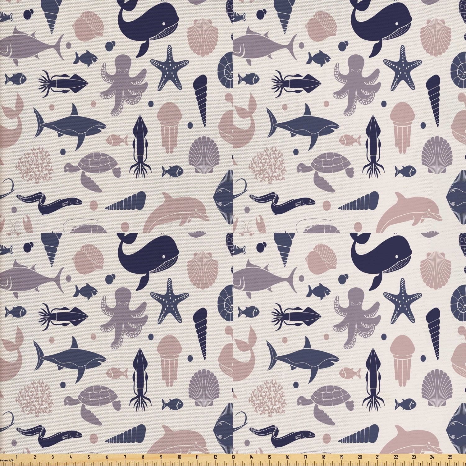 Nautical Fabric by the Yard, Sea Life Pattern with Whale Fish Seahorse ...
