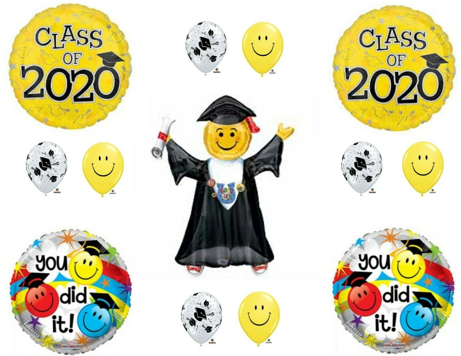 Jumping Smiley Face Grad CLASS OF 2020 YELLOW Graduation Party Balloons ...