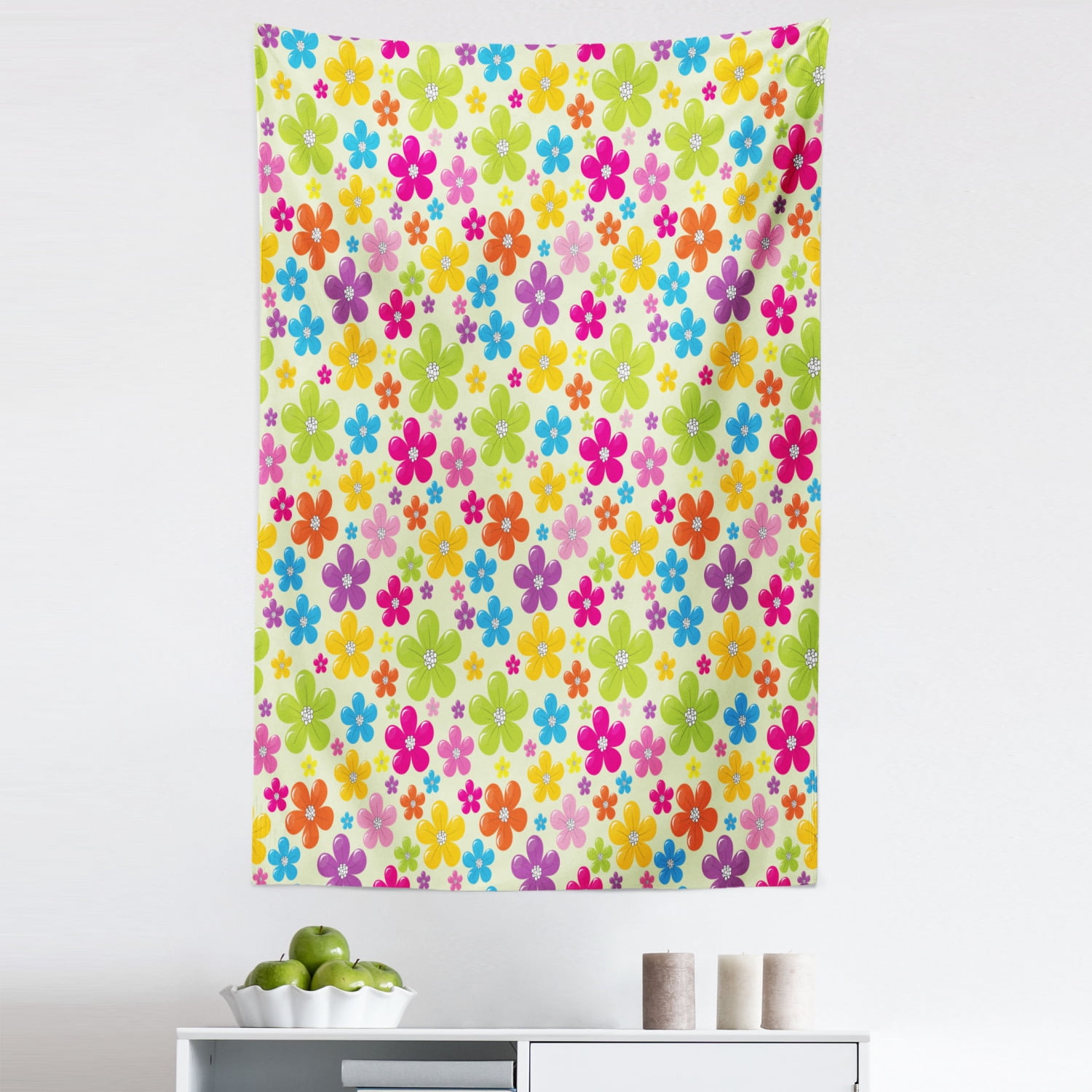 Colorful Tapestry, Sixties Inspired Colorful Flowers Hippie Motifs ...