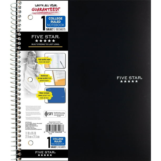 Five Star Spiral Notebook, 1 Subject, College Ruled Paper, 100 Sheets ...