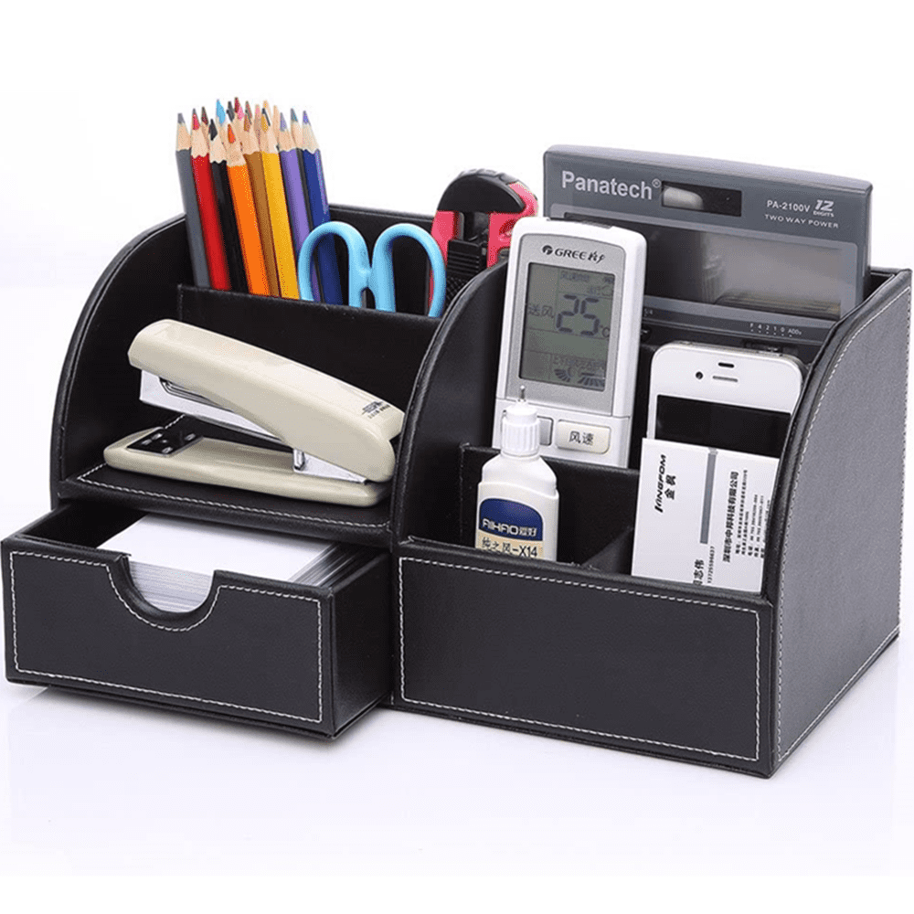 KINGFOM Desktop Drawers, PU Leather Pen Holder Desktop Organizer Office ...