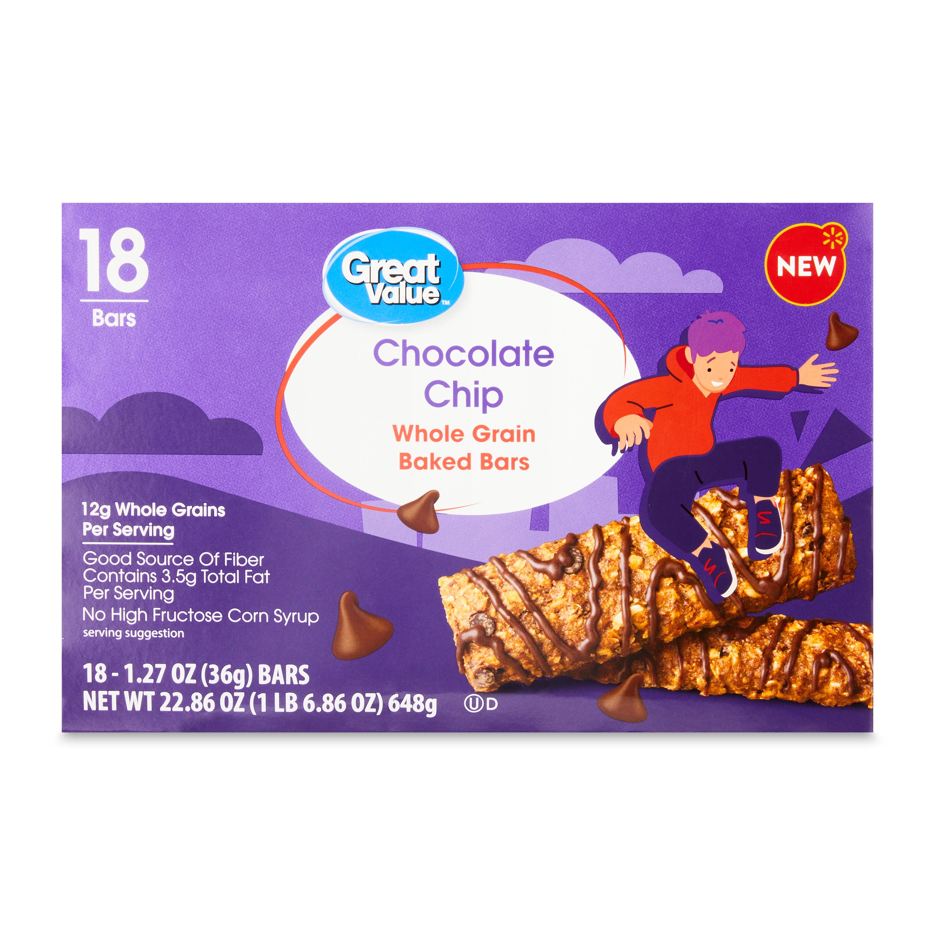 Great Value Chocolate Chip Whole Grain Baked Bars, 1.27 oz, 18 Count ...