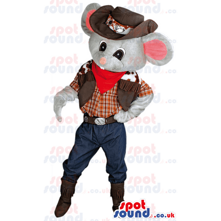 Grey mouse SPOTSOUND Mascot wearing cowboy outfit with red foulard ...