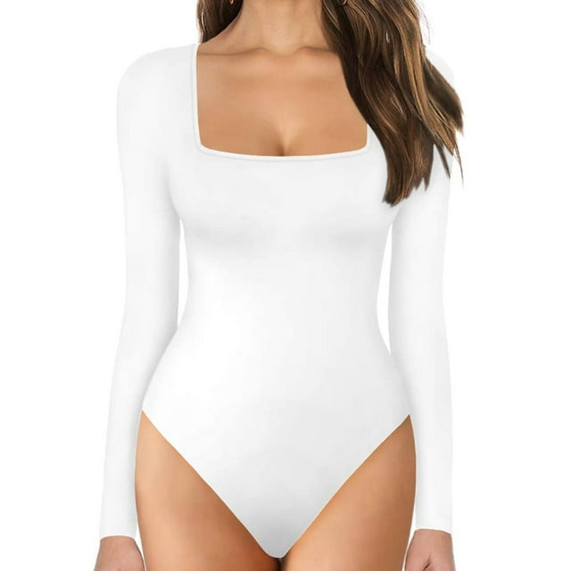 Womens Square Neck Bodysuit Long Sleeve Tops Solid Stretchy Basic Sexy