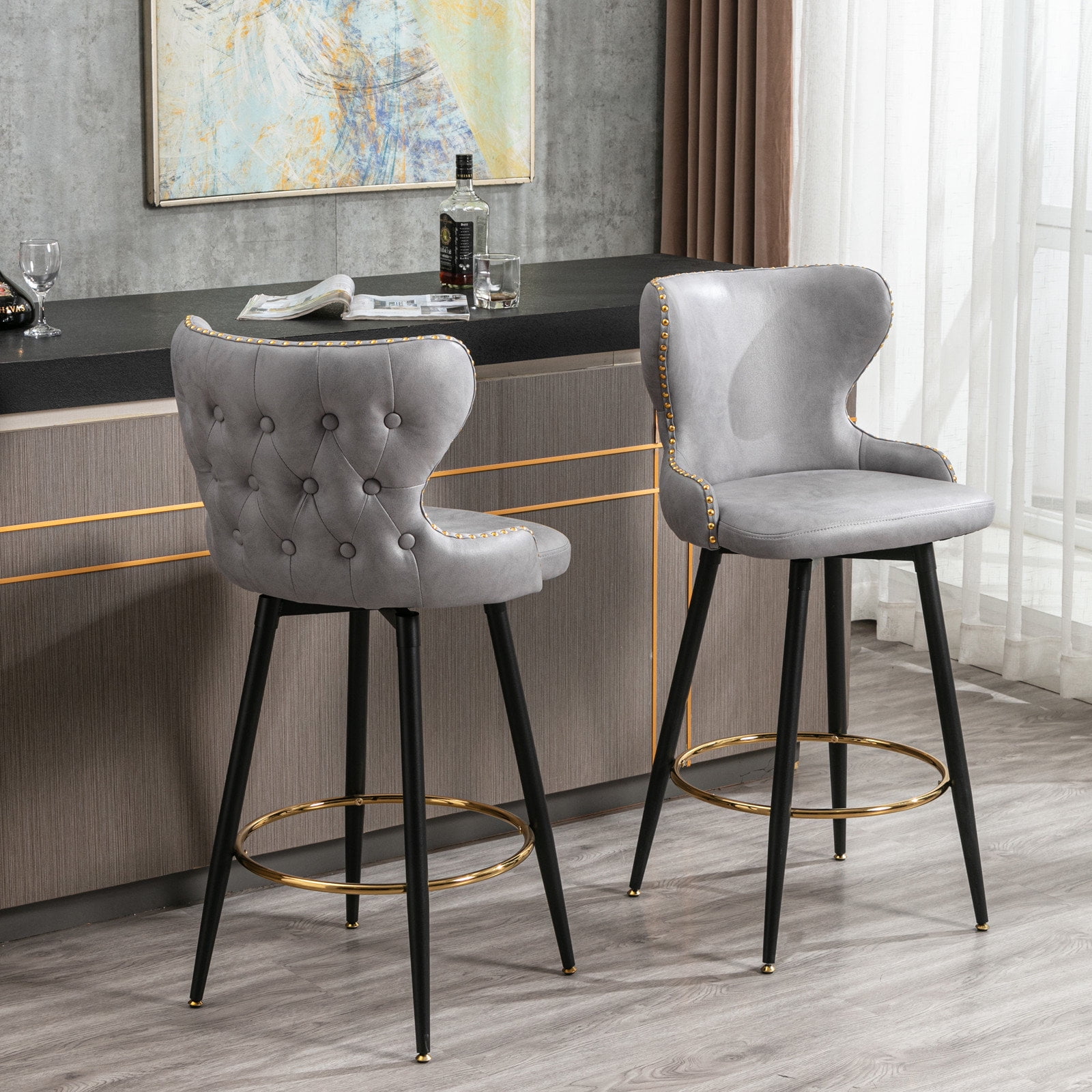 29” Bar Stool Counter Height Bar Chairs with Gold Footstool and Metal ...