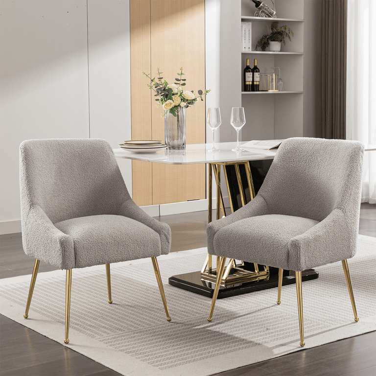 Restworld Boucle Fabric Dining Chairs Set of 6 Modern Upholstered with Gold Metal Legs Kitchen Gray