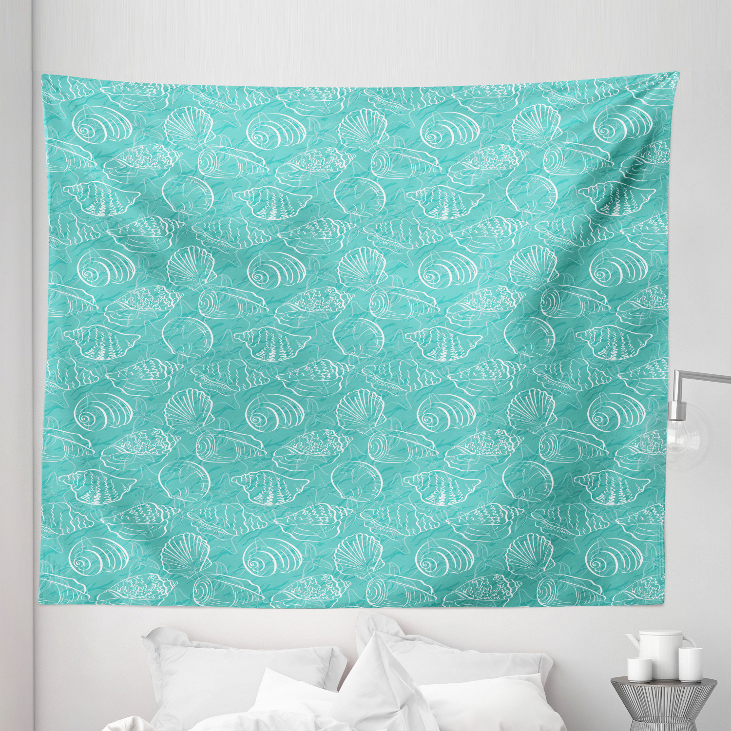 Sea Shells Tapestry, Doodle Style Marine Seashells Abstract Lines ...