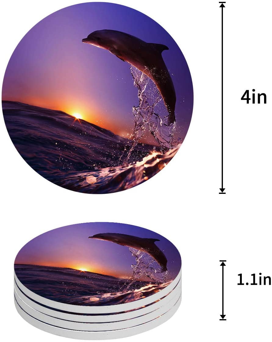 FMSHPON Ocean Sunset Dolphin Set of 4 Round Coaster for Drinks ...