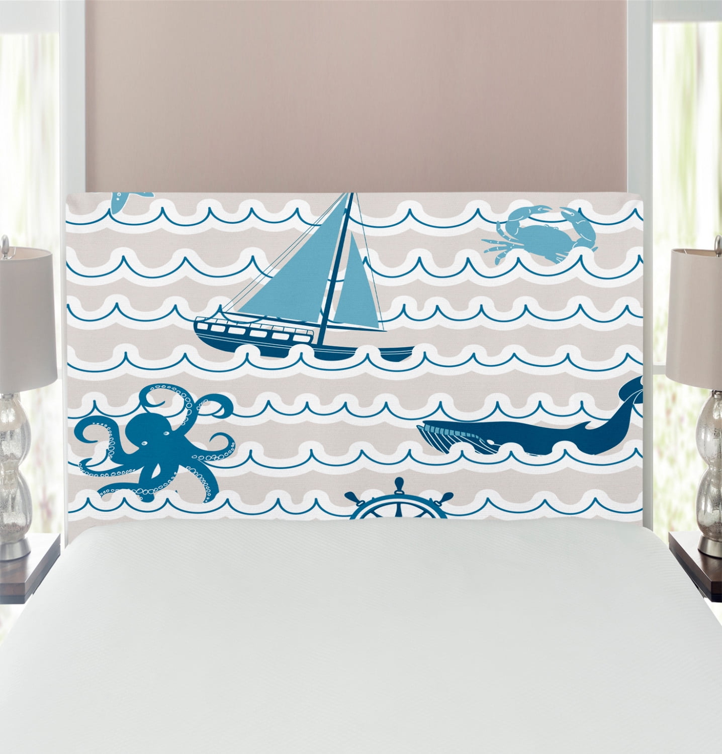 Nautical Headboard, Wave Pattern Marine Elements Octopus Crab Starfish ...